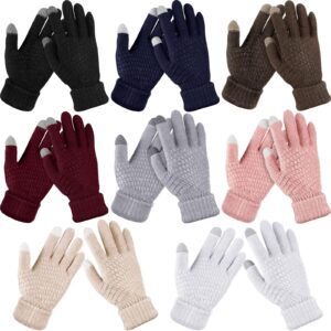 satinior 8 pairs women winter gloves warm fleece lining knit touchscreen elastic cuff texting gloves, black, gray, pink, beige, white, navy, burgundy, coffee, 8.75 x 4 inches