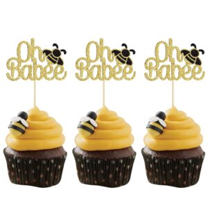 gyufise 24pcs bumble bee cupcake toppers oh babee cupcake picks gold glitter oh baby cupcake picks for baby shower birthday party decorations supplies