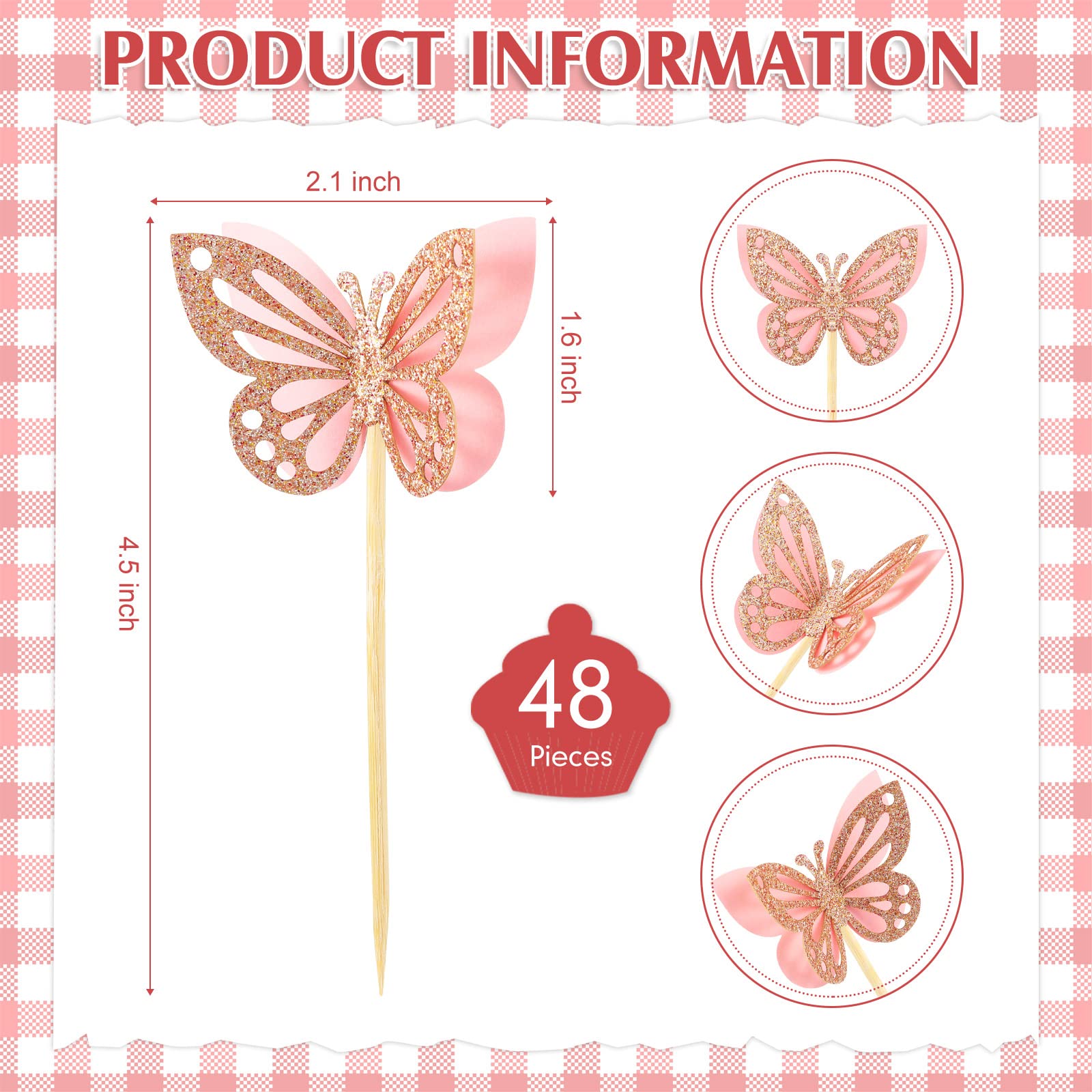 Chinco 48 Pcs Butterfly Cupcake Toppers Assembled Double Layer Cupcake Topper 3D Glitter Cupcake Topper Butterfly Cocktail Pick Decoration for Baby Shower Birthday Wedding (Pink,Classic Style)