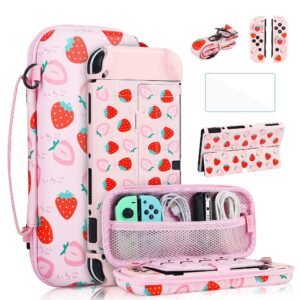 fanpl cute carrying case for nintendo switch oled 2021, pink protective cover accessories bundle with travel case, pc shell, adjustable shoulder strap, thumb grips, screen protector (pink strawberry)