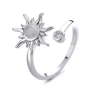 asymmetric rotatable spinner cz ring for women girls anti anxiety stress relief peace fidget rings silver plating cute daisy sun star wrap open finger knuckle statement ring christmas valentines