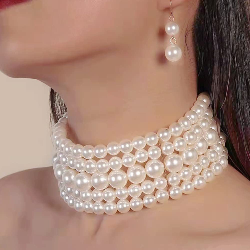 Wekicici Pearl Necklace Earrings Set Multi-Layer Pearl Choker Necklace Costume Accessories for Women