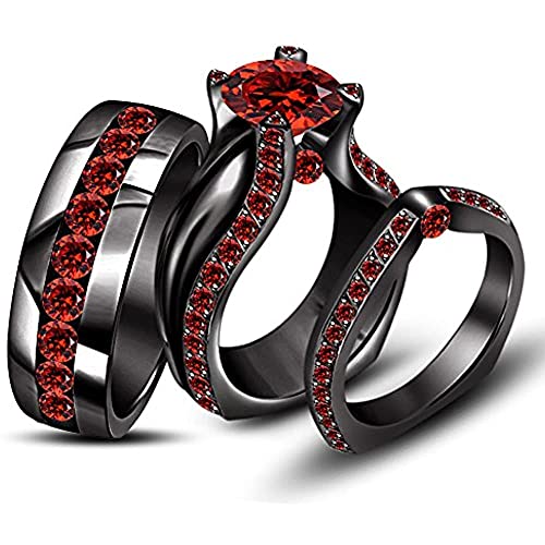 Round Cut Red Garnet Men's & Women's Trio Wedding Ring Set 14k Black Gold Plated 925 Sterling Silver.