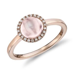 JewelryGift 18K Rose Gold Plated Simple Halo Ring Natural Rose Quartz Cabochon Loose Gemstone Bezel Set Fine Jewelry Ring for Women and Girl US Size : 5