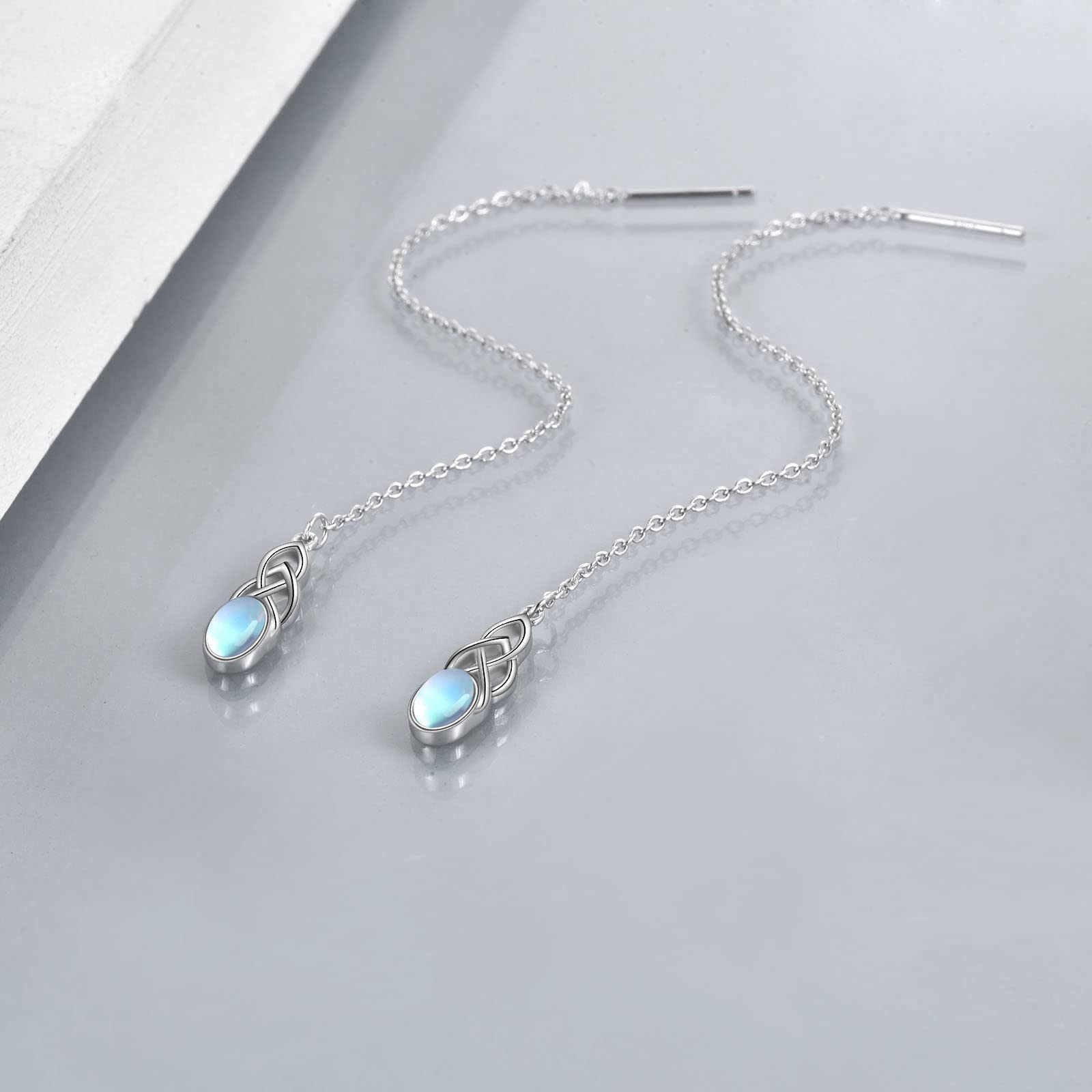 TIGERRIDER Celtic Knot Moonstone Threader Earrings 925 Sterling Silver Celtic Through Long Chains Earrings Jewelry for Women