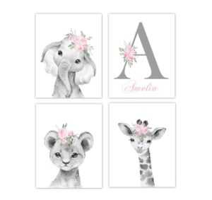 baby girl nursery wall art pink floral safari animals elephant giraffe lion room decor 4 unframed prints