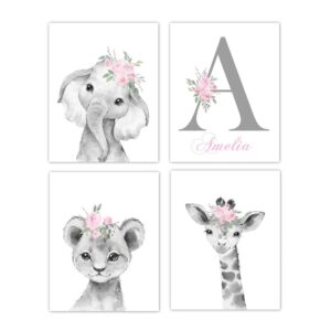 Baby Girl Nursery Wall Art Pink Floral Safari Animals Elephant Giraffe Lion Room Decor 4 UNFRAMED PRINTS