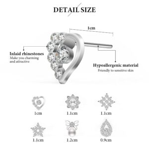 925 Sterling Silver, 6 Pairs 9-12 mm Hypoallergenic Cubic Zirconia Stud, Simulated Diamond Pearl Earrings Set, Elegant & Fashion Jewelry Gift for Wedding Women Girls Mom