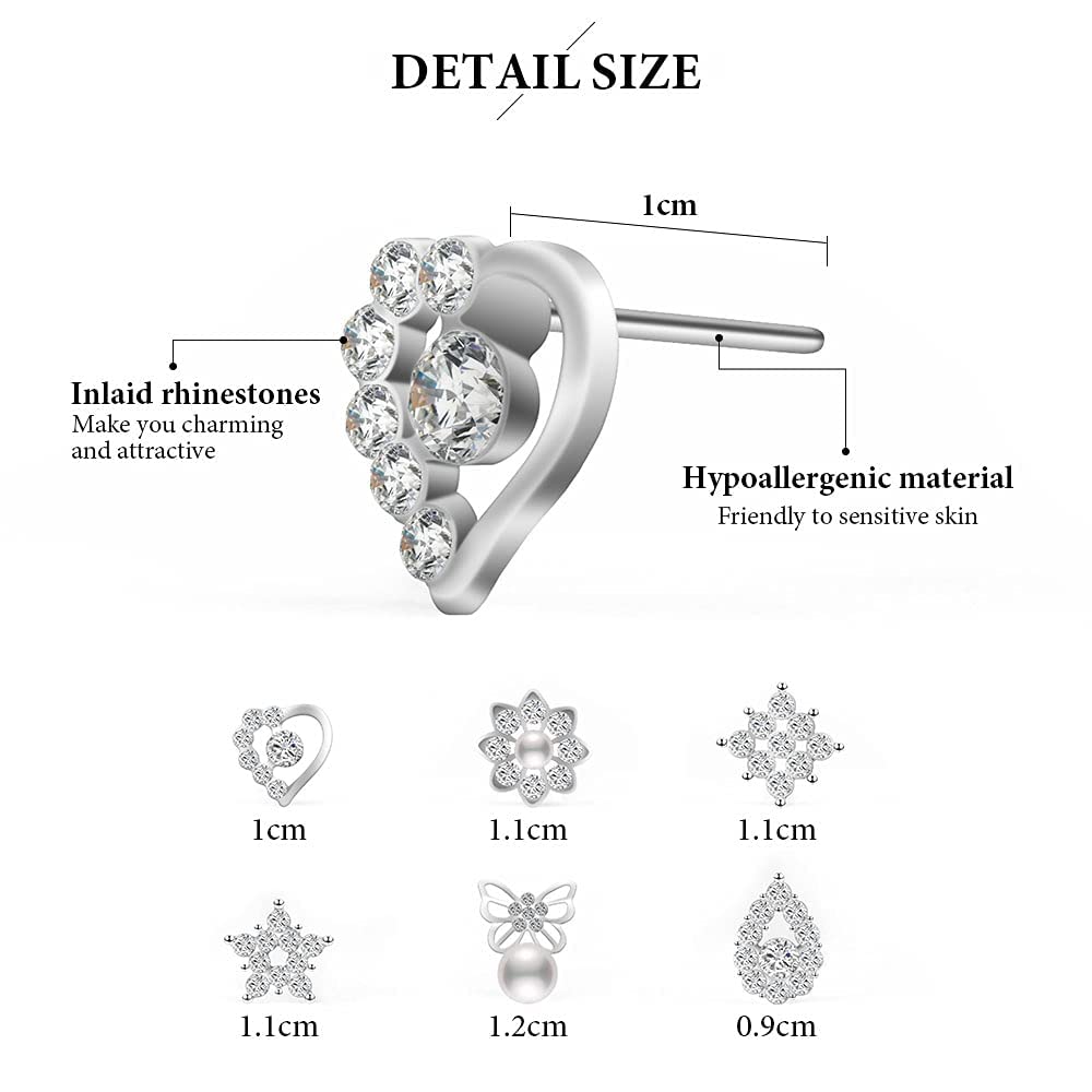 925 Sterling Silver, 6 Pairs 9-12 mm Hypoallergenic Cubic Zirconia Stud, Simulated Diamond Pearl Earrings Set, Elegant & Fashion Jewelry Gift for Wedding Women Girls Mom