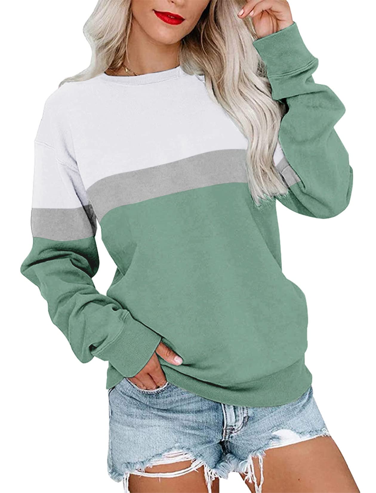 PGANDS Women's Casual Crew Neck Color Block Sweatshirts Long Sleeve Cute Comfy Lightweight Pullover Tops