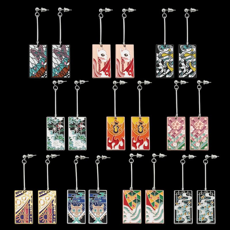 FunBoat 10Pcs Kimetsu No Yaiba Earring Set - Rengoku Mitsuri Anime Hanafuda Dangle Earring - Cosplay Jewelry for Women and Men