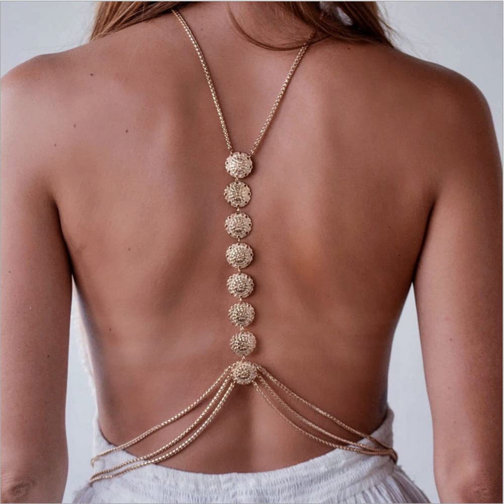 Asphire Bohemian Coin Body Chain Sexy Back Necklace Jewelry Beach Body Accessories for Women Layered Harness Bikini Chain (20 inch, Gold)