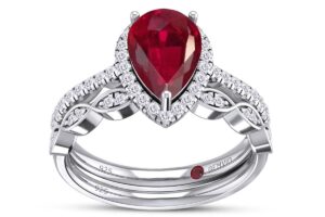 gemvio collection 9x6mm pear cut lab created ruby gemstone & natural diamond bridal set teardrop engagement ring in 14k white gold over sterling silver anniversary wedding ring(1.40 cttw)-5