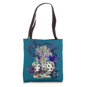 purple teal steampunk cards rose garden alice in wonderland tote bag