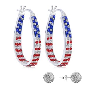 silver plated oval inside out crystal hoop earrings for women patriotic earrings fashion jewelry