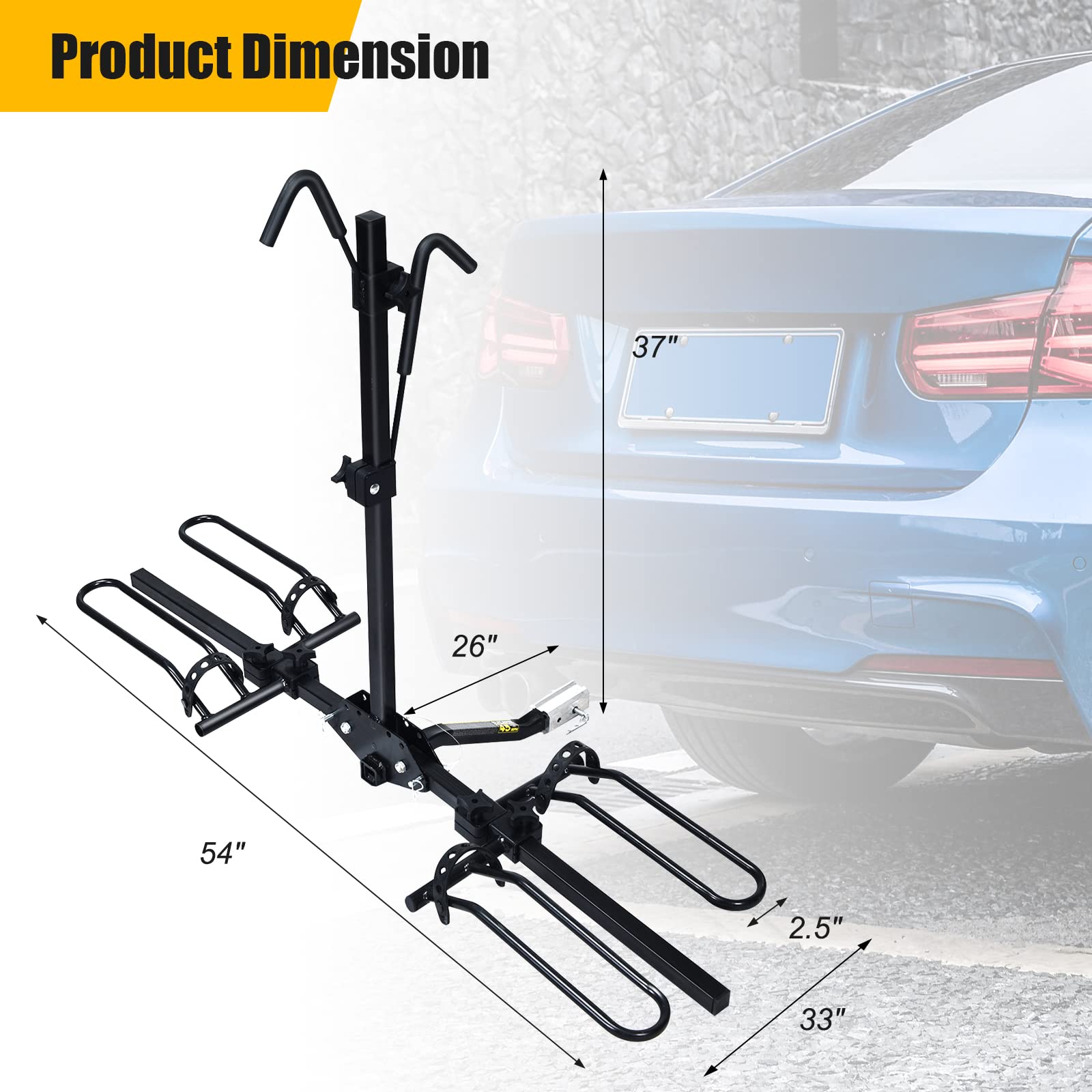 GYMAX 2 Bike Hitch Mount Platform, Folding Bike Rack with Adjustable Frame Hooks for 20”-26” Tires, Heavy Duty Vehicle Bicycle Carrier for 1-1/4" and 2" Hitch Receiver