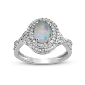 jewelili sterling silver 8x6 mm oval cut created opal and round created white sapphire halo engagement ring, size 7