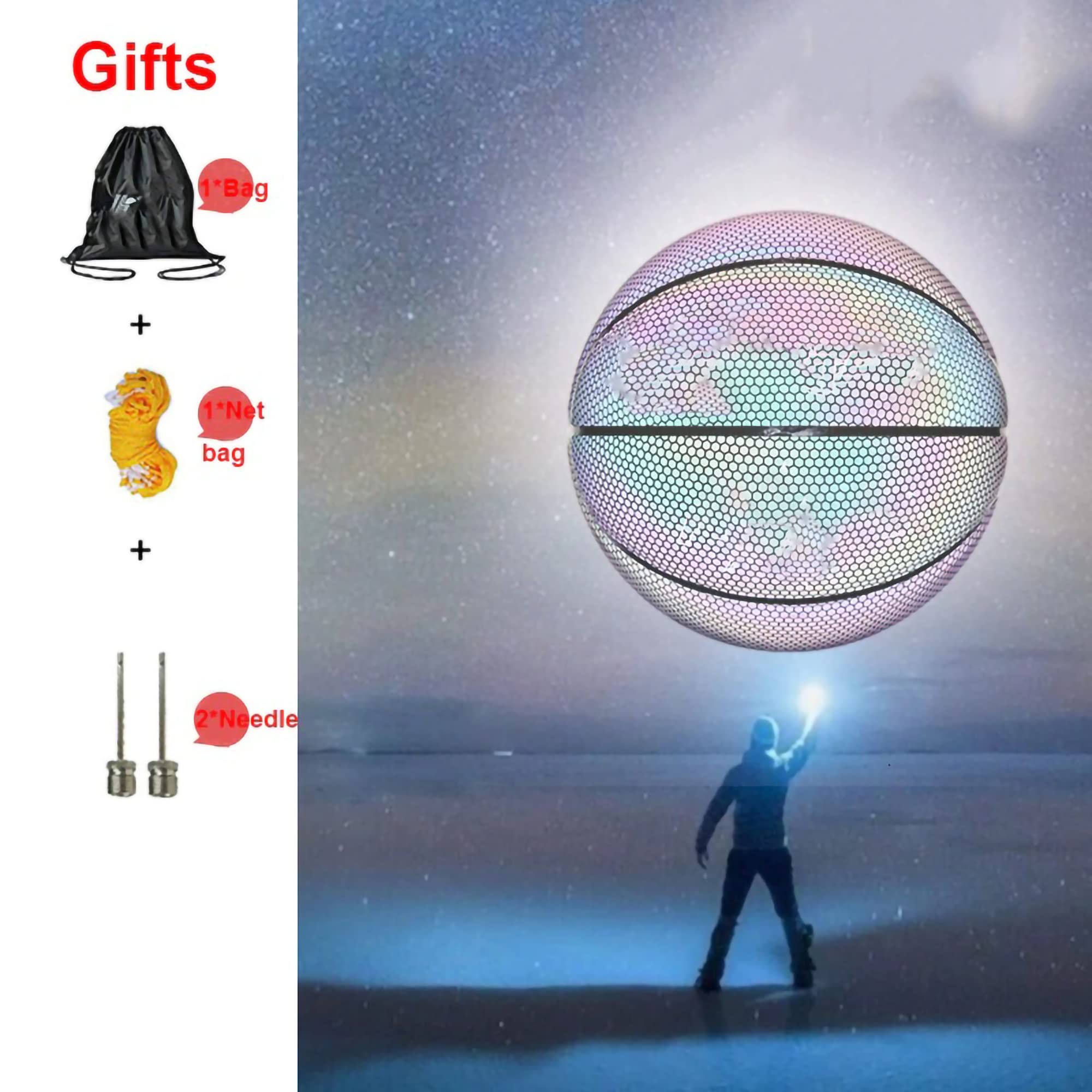 Anvirtue Holographic Reflective Basketball Ball Wear-Resistant Luminous Night Light Ball Basketball Glowing Basketball Ball with Bag Pin