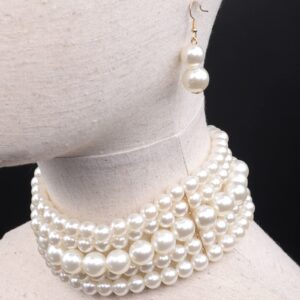 Wekicici Pearl Necklace Earrings Set Multi-Layer Pearl Choker Necklace Costume Accessories for Women