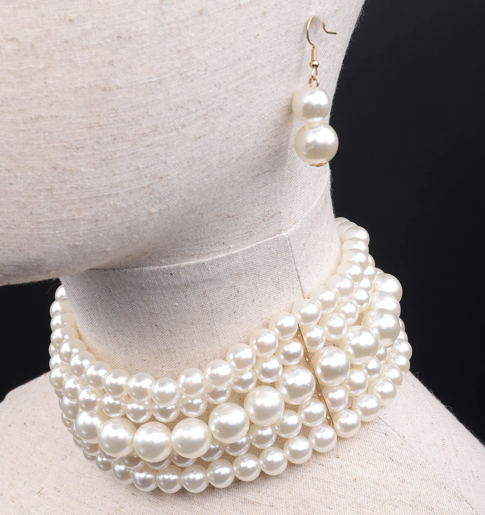 Wekicici Pearl Necklace Earrings Set Multi-Layer Pearl Choker Necklace Costume Accessories for Women