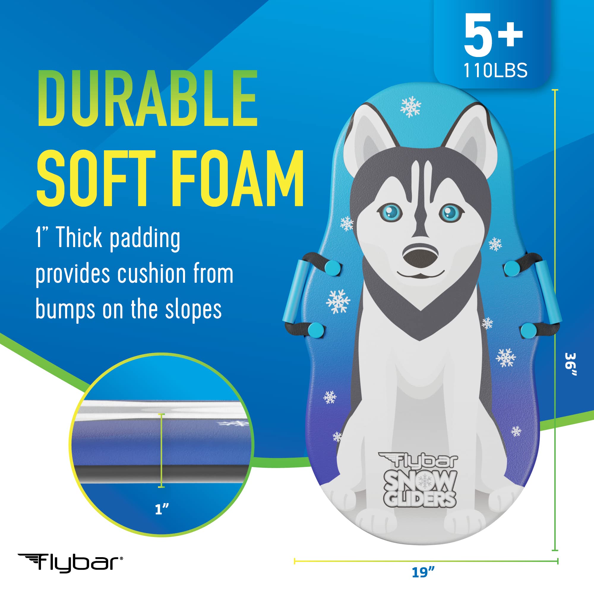 Flybar Kids 36" Husky Dog Foam Toboggan Snow Sled with Slick Bottom & PE Core Build for Boys and Girls Ages 6+, Holds Up to 110 Lbs