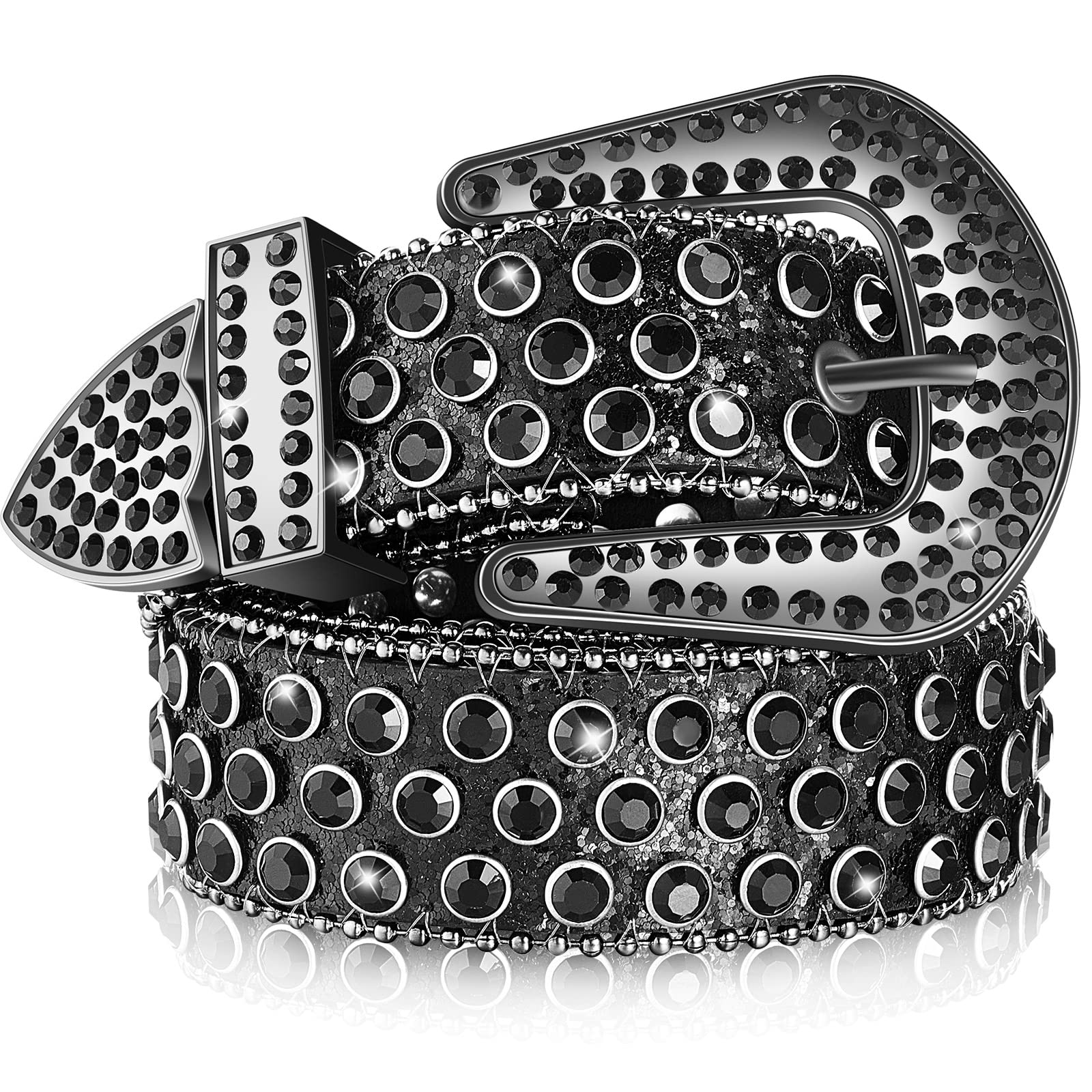 Geyoga Rhinestone Western Belt Bling Studded belts for Women Cowgirl Cowboy Leather Diamond Belt Vintage Waist Belt for Jeans Dress (Black, 39.4 Inch)