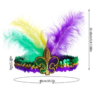 tiggell 3pcs Mardi Gras Fleur De Lis Headbands Sequin Faux Feather Fascinators Headwear Headpieces Hair Band for Mardi Gras Masquerade Mask Party Carnival Halloween Cocktail Wedding Multicolor