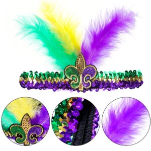 tiggell 3pcs Mardi Gras Fleur De Lis Headbands Sequin Faux Feather Fascinators Headwear Headpieces Hair Band for Mardi Gras Masquerade Mask Party Carnival Halloween Cocktail Wedding Multicolor