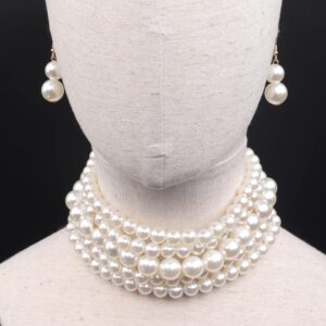 Wekicici Pearl Necklace Earrings Set Multi-Layer Pearl Choker Necklace Costume Accessories for Women