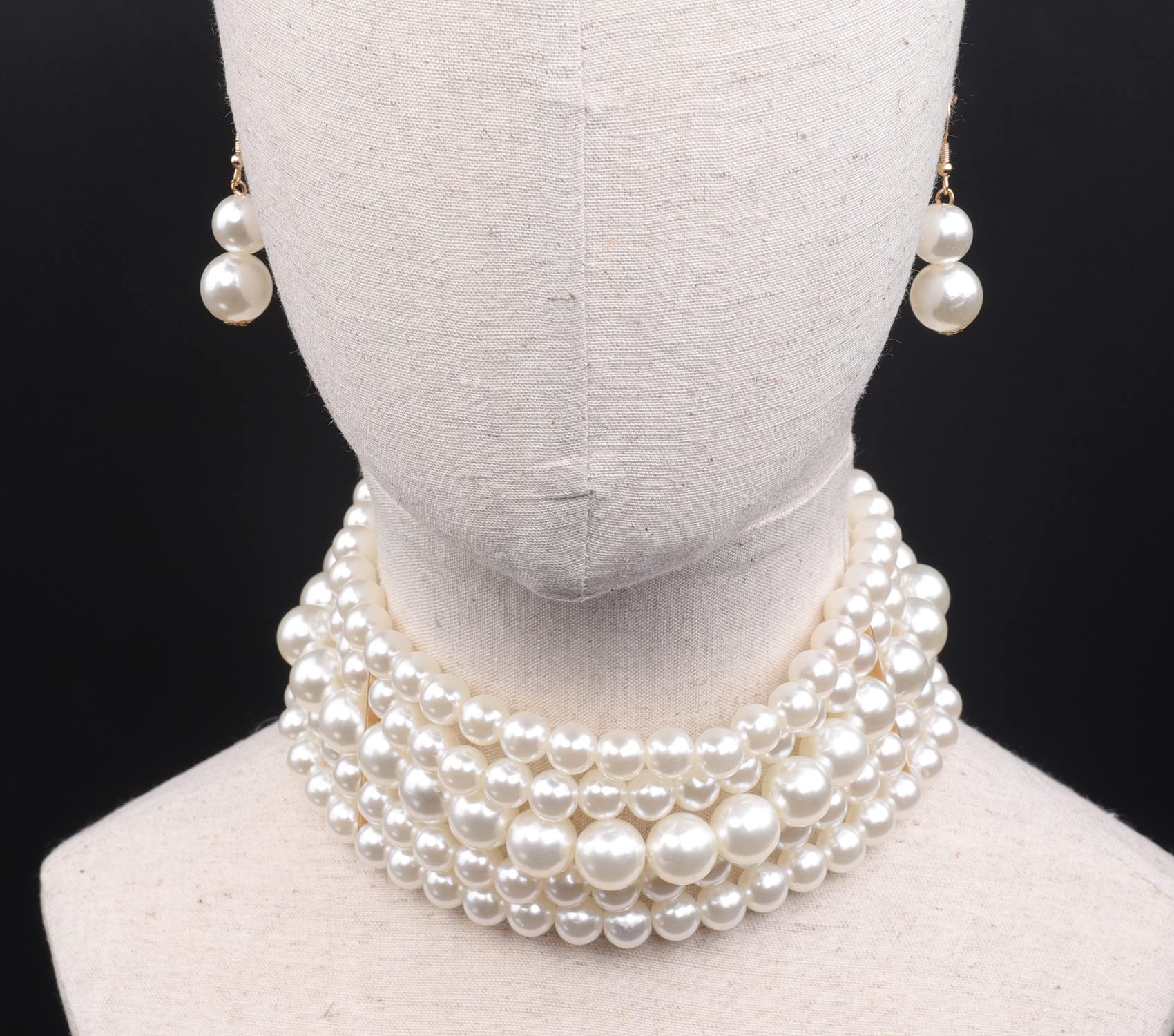 Wekicici Pearl Necklace Earrings Set Multi-Layer Pearl Choker Necklace Costume Accessories for Women