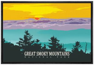 wall26 framed canvas print wall art great smoky mountains national park nature wilderness illustrations modern art rustic landscape rustic neon for living room, bedroom, office - 16"x24" black