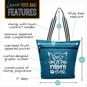 Brooke & Jess Designs Fur Mom Lexie Teal Zipper Tote Bag Women, Work, Travel - Best Cat Lover Gift, Christmas, Birthday, Mother's Day - Fun Things to Gift for Cats Owners