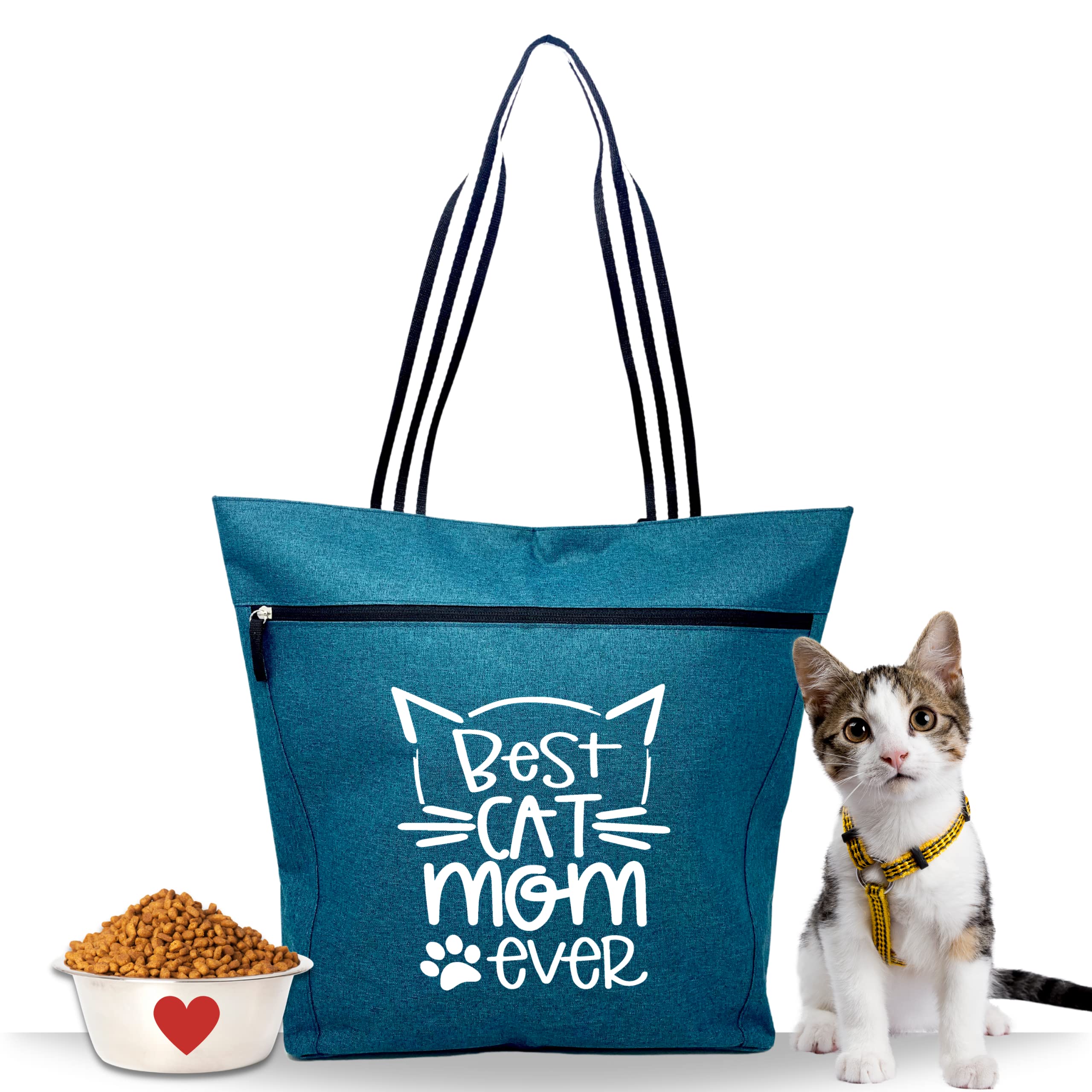 Brooke & Jess Designs Fur Mom Lexie Teal Zipper Tote Bag Women, Work, Travel - Best Cat Lover Gift, Christmas, Birthday, Mother's Day - Fun Things to Gift for Cats Owners