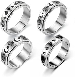 colorful bling 4 piece stainless steel spinner band ring set hypoallergenic relieving stress moon star heart sand blast finish wedding ring-size 12