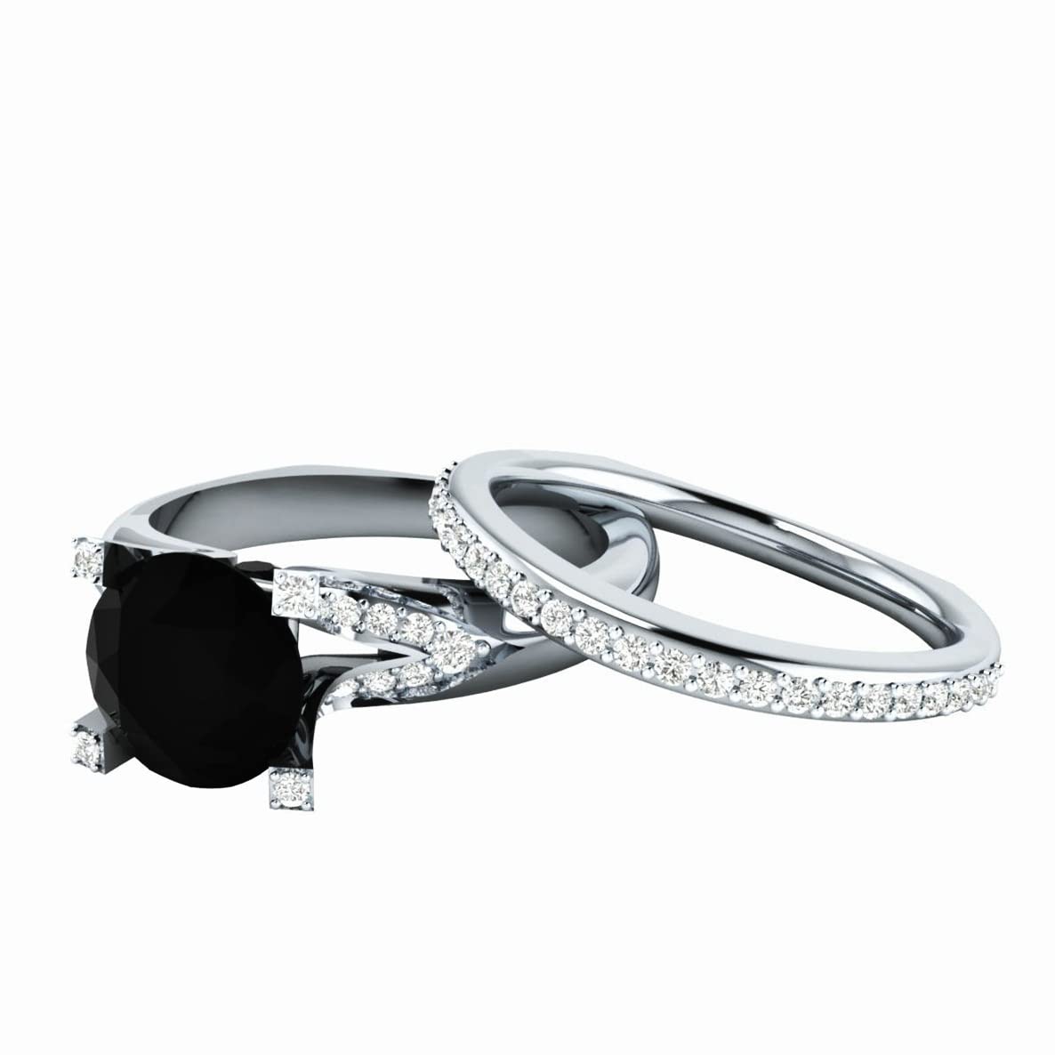 DESTINY JEWEL Solid 925 Silver 14K White Gold Over 2.35Ct Round Cut Black Diamond Bridal Engagement Wedding Ring Set. _7.5