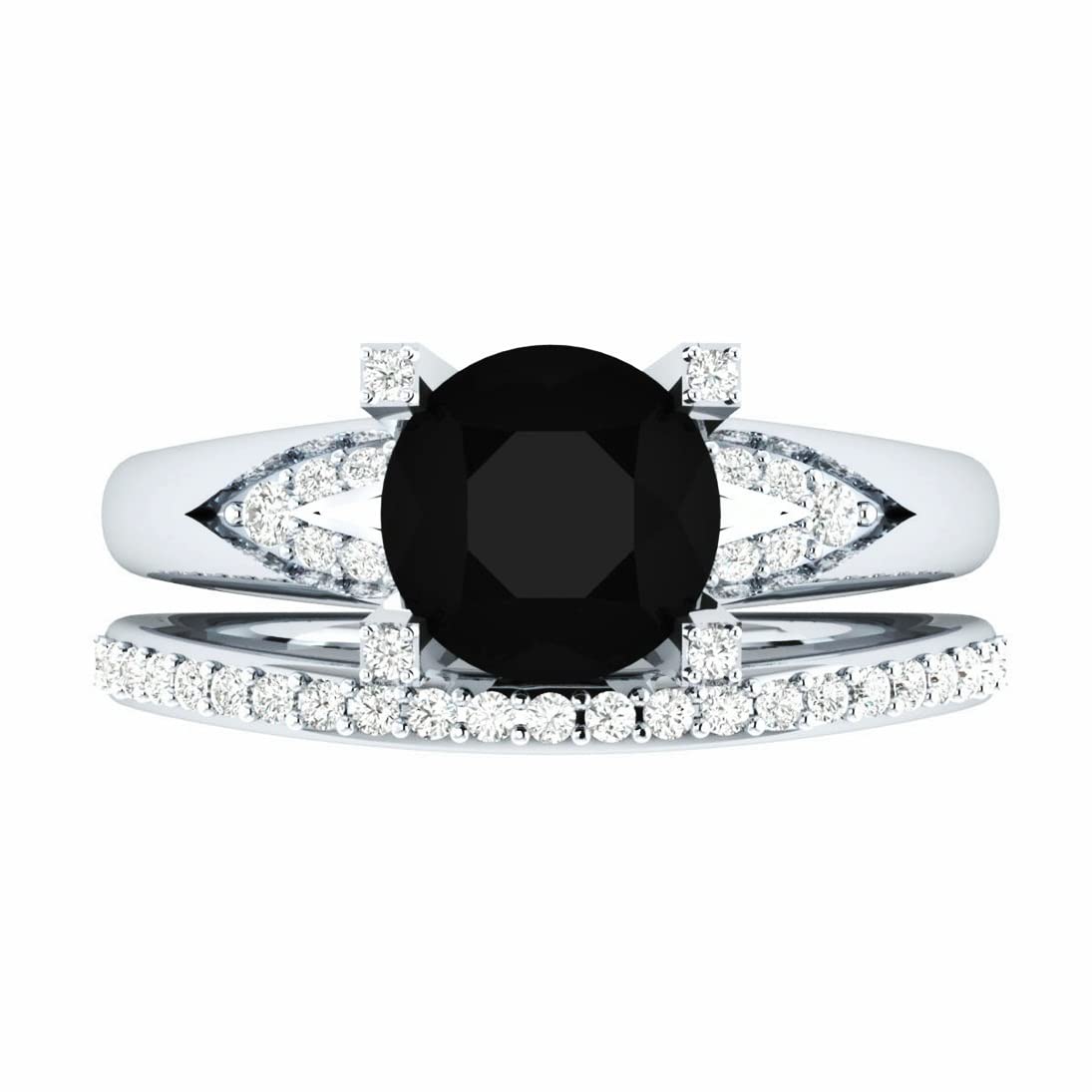 DESTINY JEWEL Solid 925 Silver 14K White Gold Over 2.35Ct Round Cut Black Diamond Bridal Engagement Wedding Ring Set. _7.5