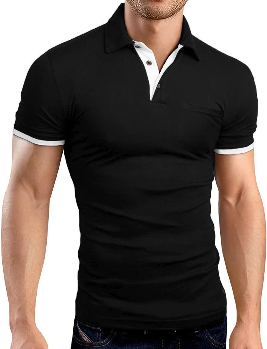 KUYIGO Men's Short Sleeve Polo Shirts Casual Slim Fit Pocket Cotton Collared Shirt Small Black