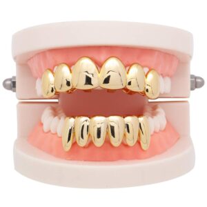 psivika gold plated shiny hip hop teeth grillz caps iced out cz top and bottom vampire fangs grillz for men and women (gold)