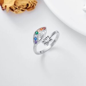 925 Sterling Silver Evil Eye & Lotus Ring 7 Chakra Cubic Zirconia Adjustable Open Ring Jewelry Gift for Women (8)