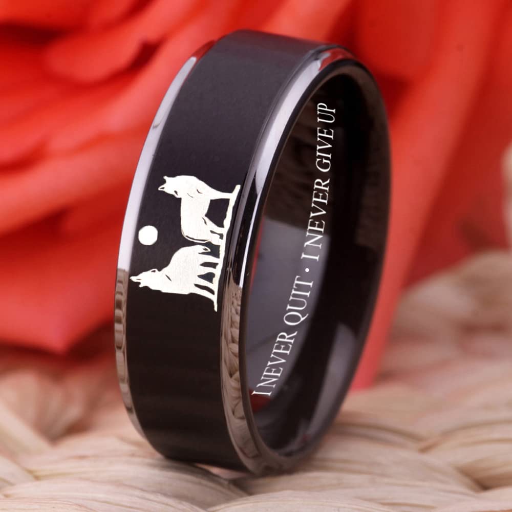 CLOUD DANCER Wolf Ring Howling Wolves Ring Moon Ring I Am Wolf Ring Wolf Design for Wedding Ring -Free Customized Engraving (Silver Tone Step, 12.5)