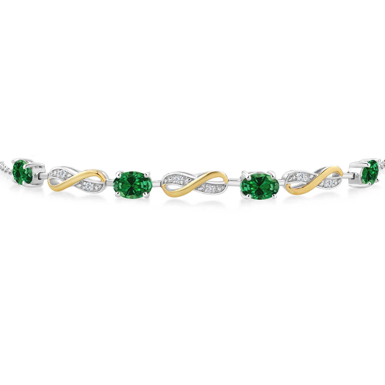 Gem Stone King 925 Sterling Silver and 10K Yellow Gold Green Created Emerald and White Lab Grown Diamond Tennis Bracelet For Women (1.45 Cttw, Oval 6X4MM, Fully Adjustable Up to 7.5 Inch)