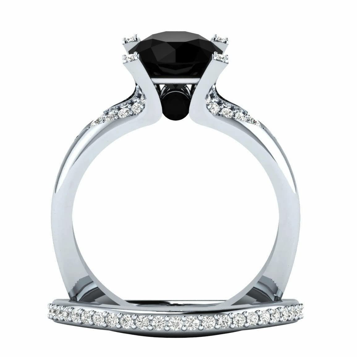 DESTINY JEWEL Solid 925 Silver 14K White Gold Over 2.35Ct Round Cut Black Diamond Bridal Engagement Wedding Ring Set. _7.5