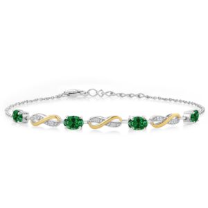 gem stone king 925 sterling silver and 10k yellow gold green created emerald and white lab grown diamond tennis bracelet for women (1.45 cttw, oval 6x4mm, fully adjustable up to 7.5 inch)