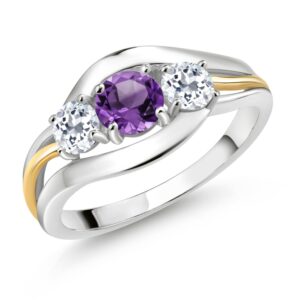 gem stone king 925 sterling silver and 10k yellow gold round purple amethyst and white topaz 3 stone ring for women (1.14 cttw, available in size 5, 6, 7, 8, 9)