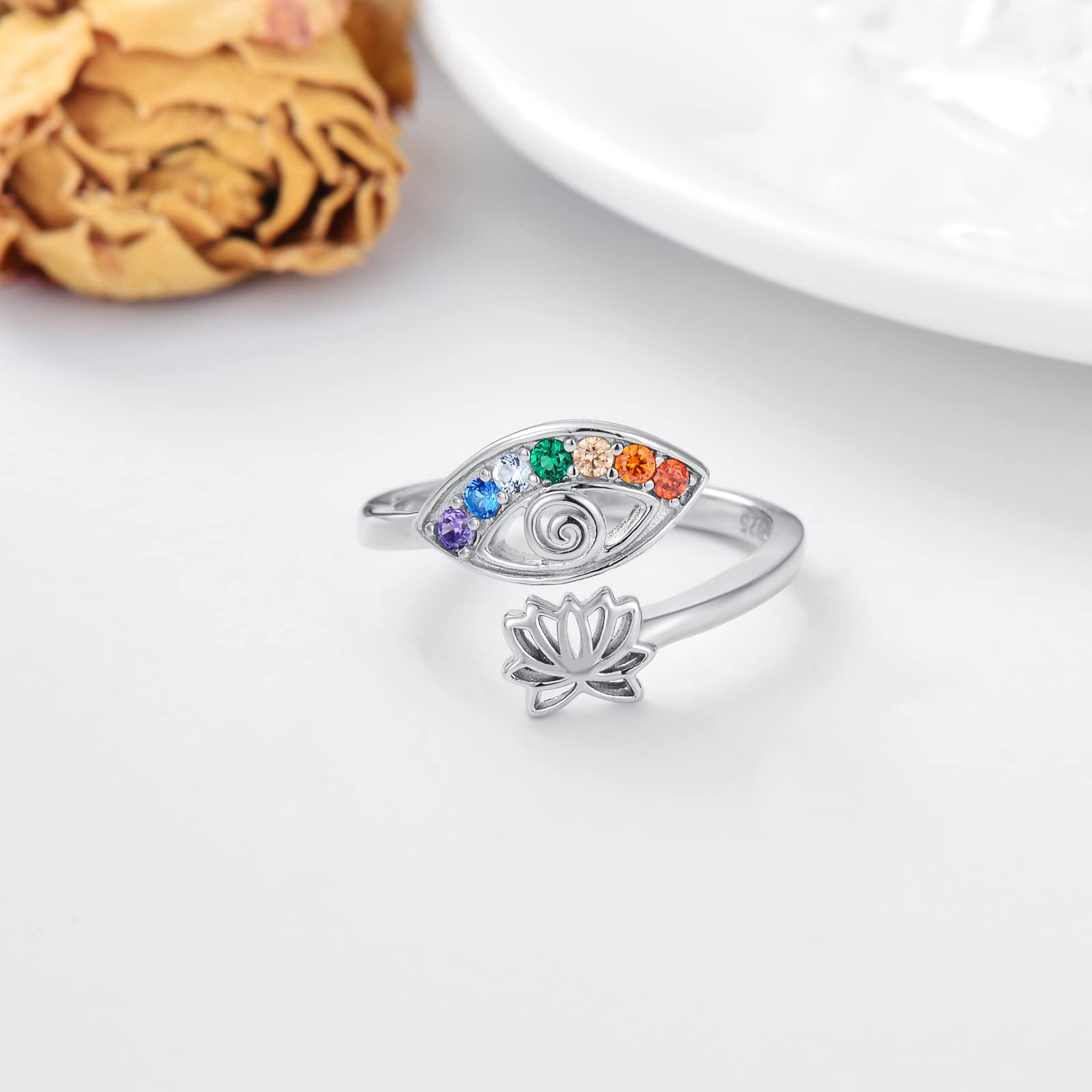 925 Sterling Silver Evil Eye & Lotus Ring 7 Chakra Cubic Zirconia Adjustable Open Ring Jewelry Gift for Women (8)