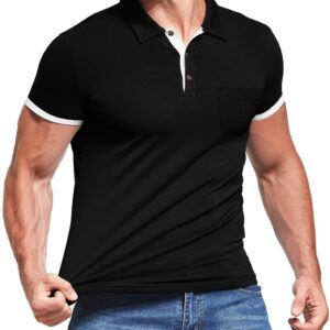 KUYIGO Men's Short Sleeve Polo Shirts Casual Slim Fit Pocket Cotton Collared Shirt Small Black