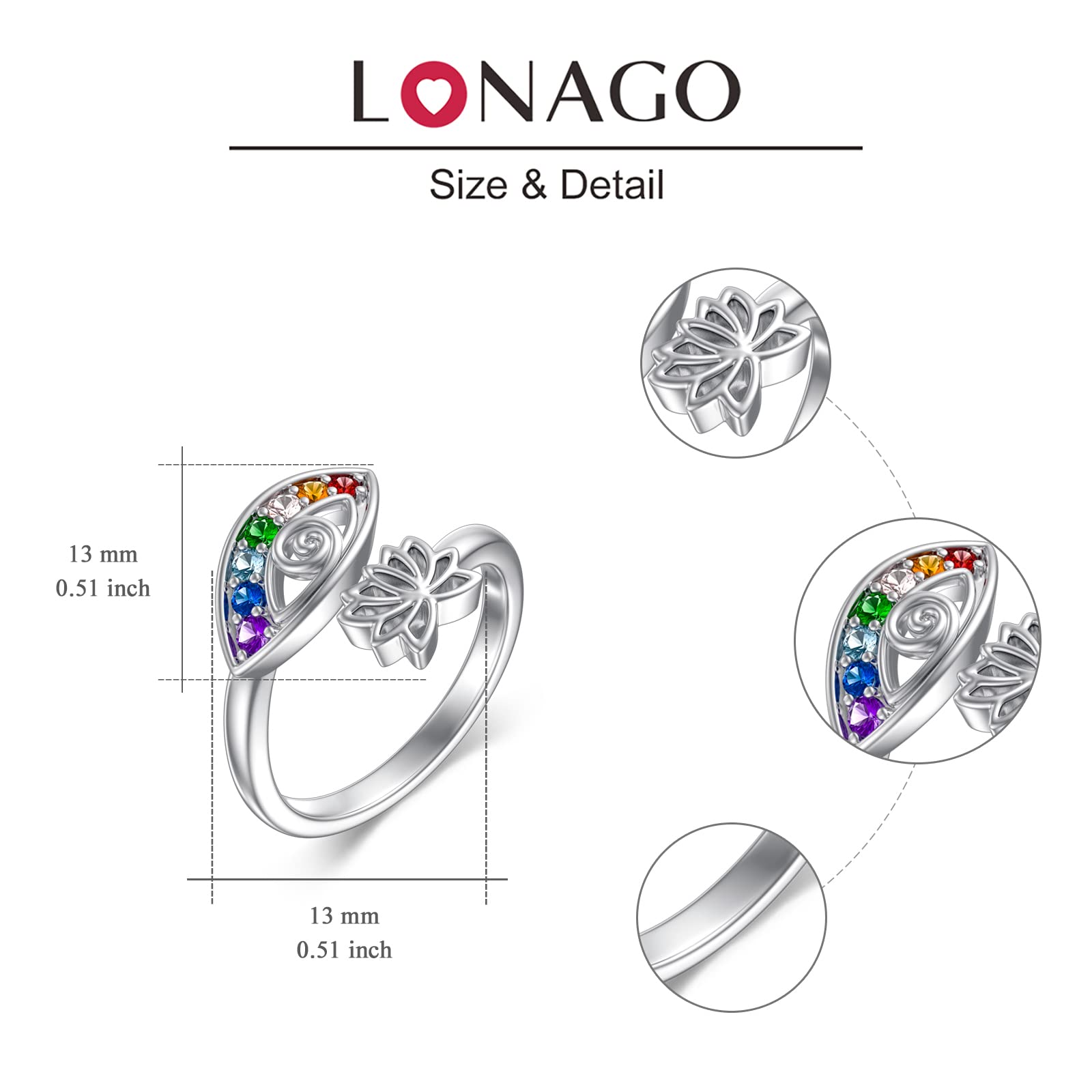 925 Sterling Silver Evil Eye & Lotus Ring 7 Chakra Cubic Zirconia Adjustable Open Ring Jewelry Gift for Women (8)