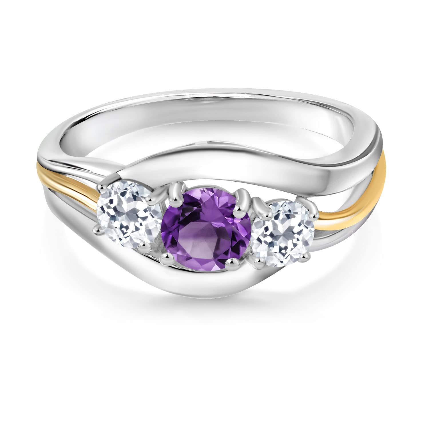 Gem Stone King 925 Sterling Silver and 10K Yellow Gold Round Purple Amethyst and White Topaz 3 Stone Ring For Women (1.14 Cttw, Available In Size 5, 6, 7, 8, 9)