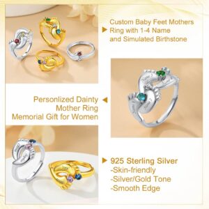 Custom4U Gold Baby Feet Ring 925 Sterling Silver Engraved Mother Open Rings Adjustable Gift for Women Mom Grandma