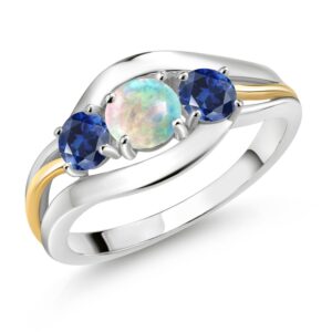 gem stone king 925 sterling silver and 10k yellow gold round cabochon white opal and blue created sapphire 3 stone ring for women (1.00 cttw, available in size 5, 6, 7, 8, 9)